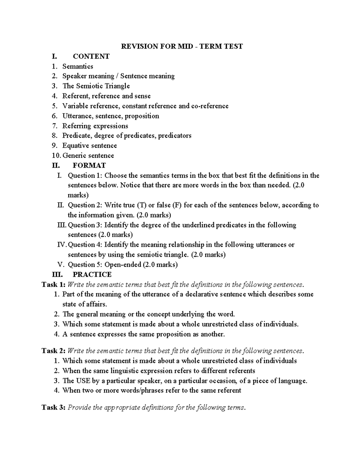 Revision ( MID-TERM TEST) - REVISION FOR MID - TERM TEST I. CONTENT ...