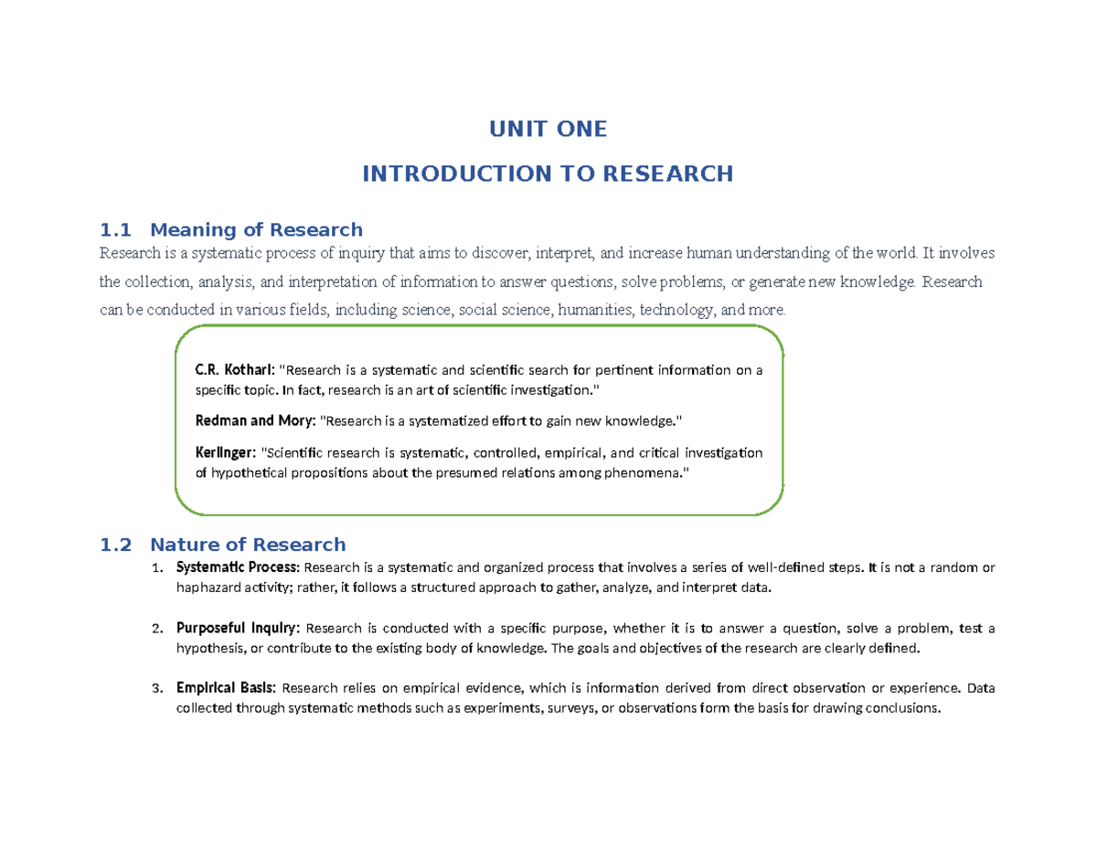 Case Study - UNIT ONE INTRODUCTION TO RESEARCH 1 Meaning of Research ...
