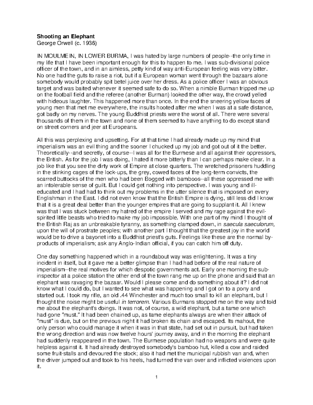 Orwell, Shooting An Elephant - Shooting an Elephant George Orwell (c ...