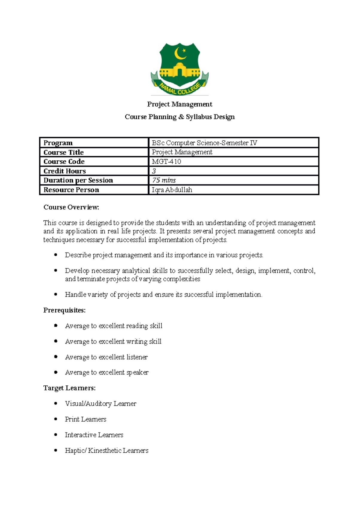MGT 410-Project Management Course Outlines - Project Management Course ...