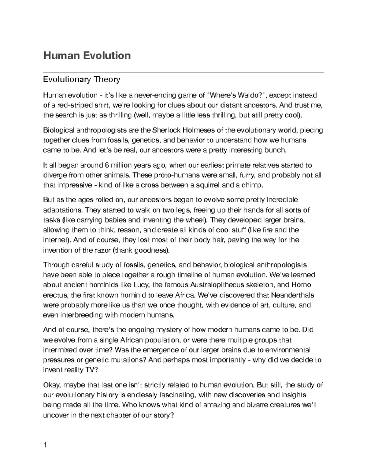 Human Evolution Notes - Human Evolution Evolutionary Theory Human ...