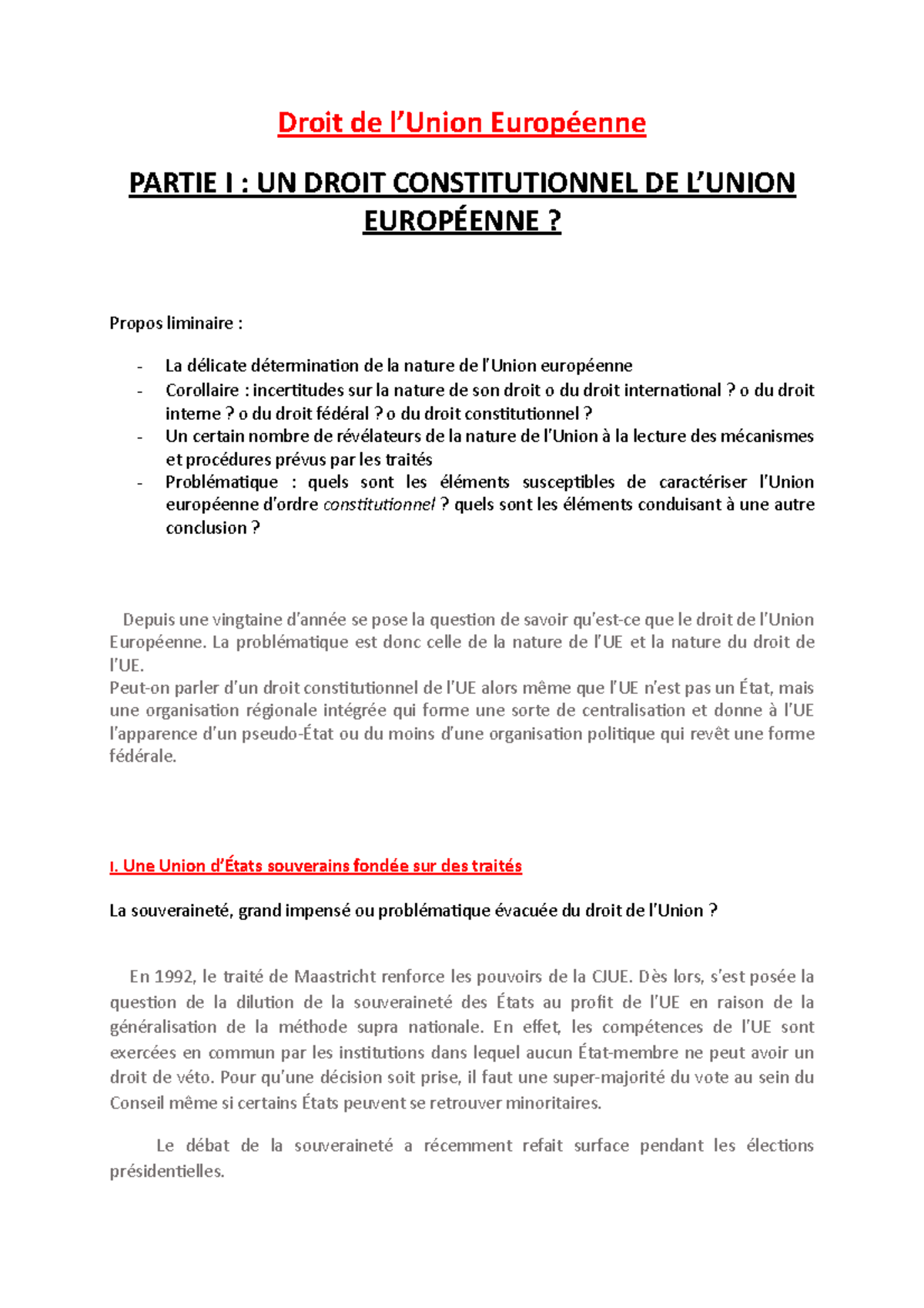 Droit de l'Union Européenne - Droit de l’Union Européenne PARTIE I : UN ...