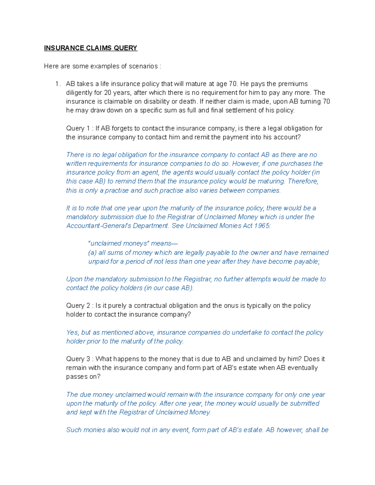 Insurance Claims Research and Queries - INSURANCE CLAIMS QUERY Here are ...