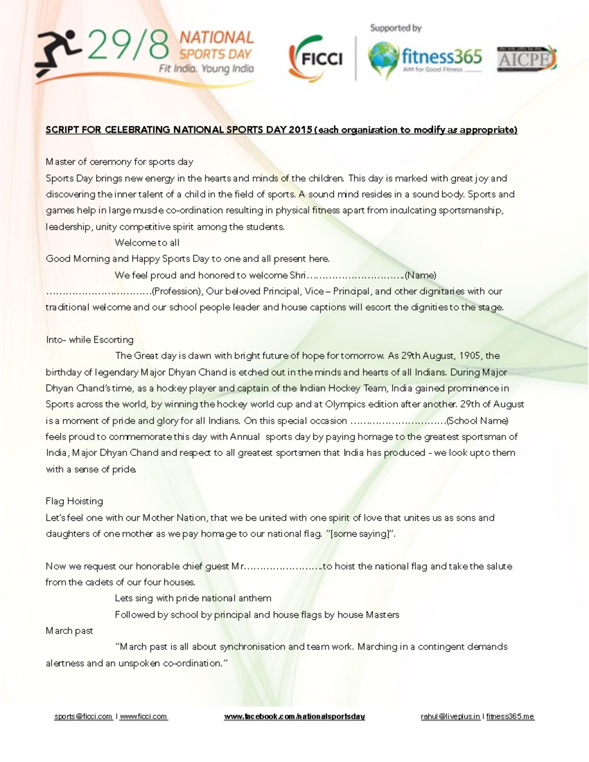 National Sports Day 2015 Suggested Script - SCRIPT FOR CELEBRATING ...