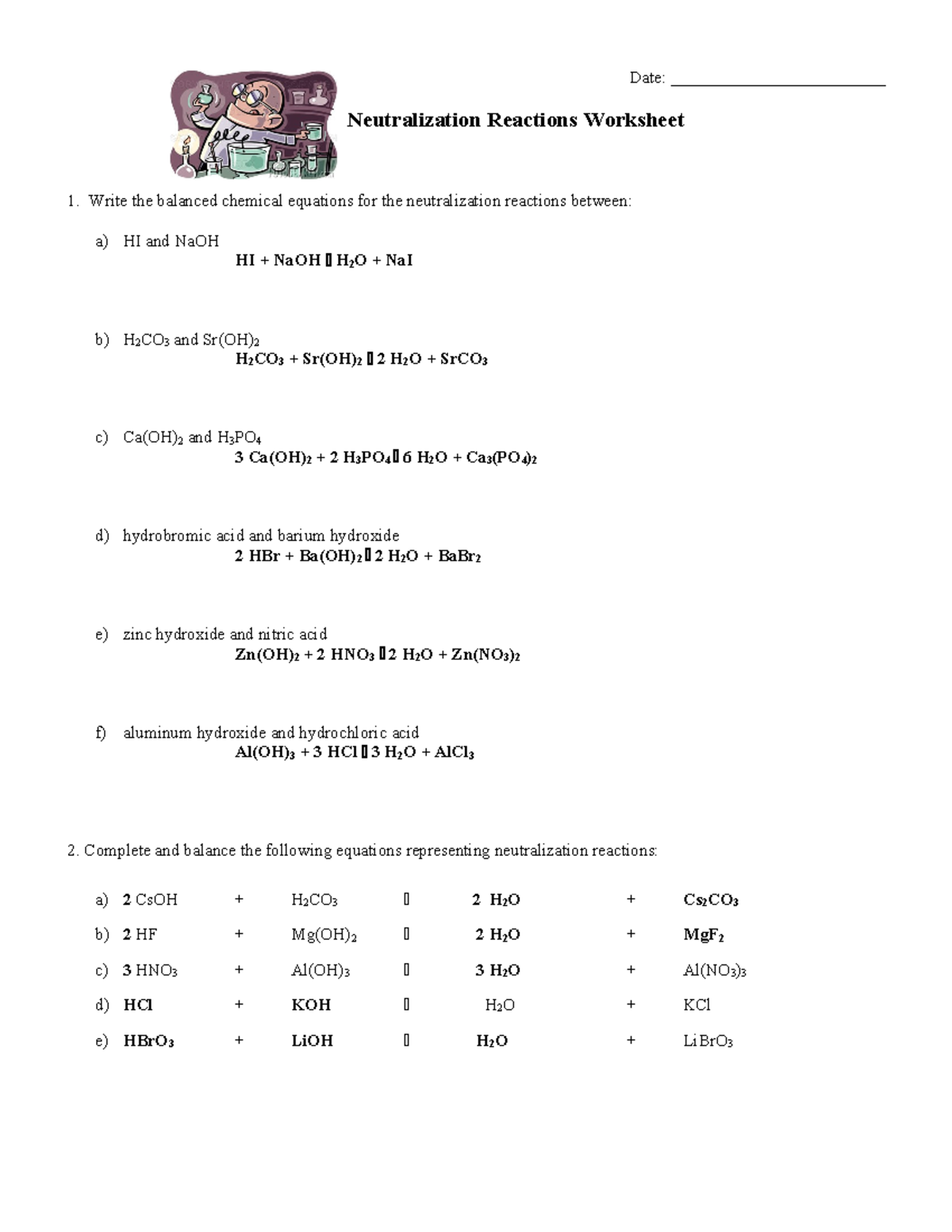 03 neutralization reactions worksheet key - Date ...