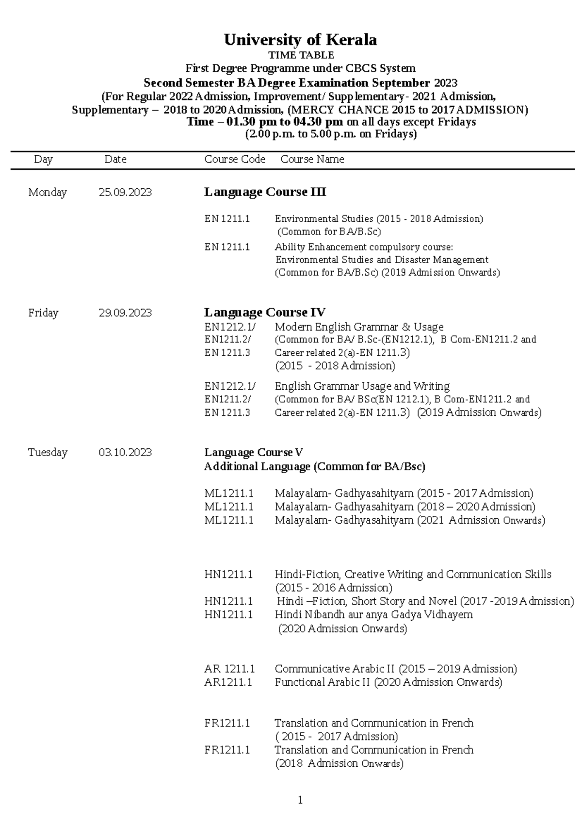 51965 - Good - University of Kerala TIME TABLE First Degree Programme under CBCS System Second ...