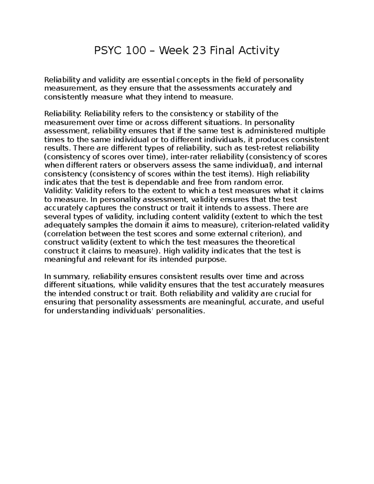 PSYC 100 - Week 23 Activity for Submission - PSYC 100 – Week 23 Final Activity Reliability and ...
