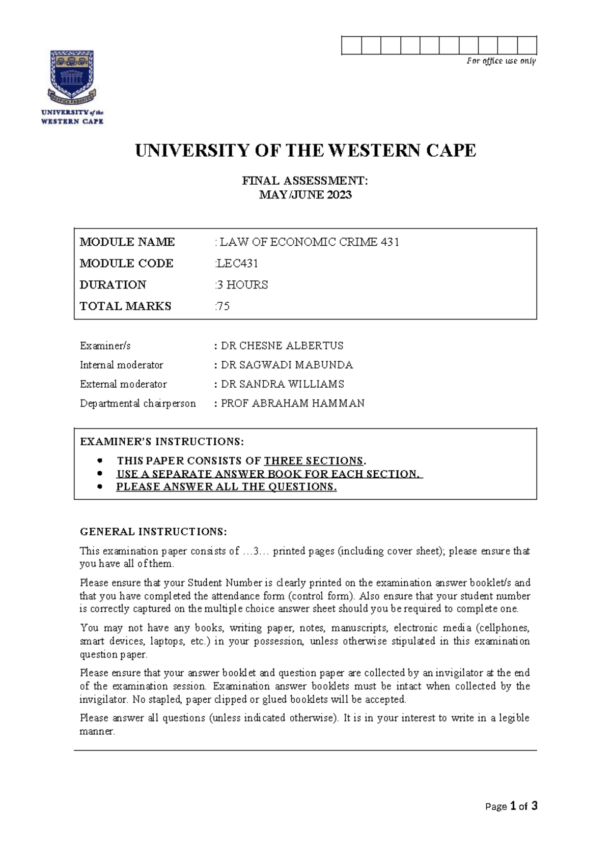 QP Cover - Final Assessment JUNE 2023 - For office use only UNIVERSITY ...