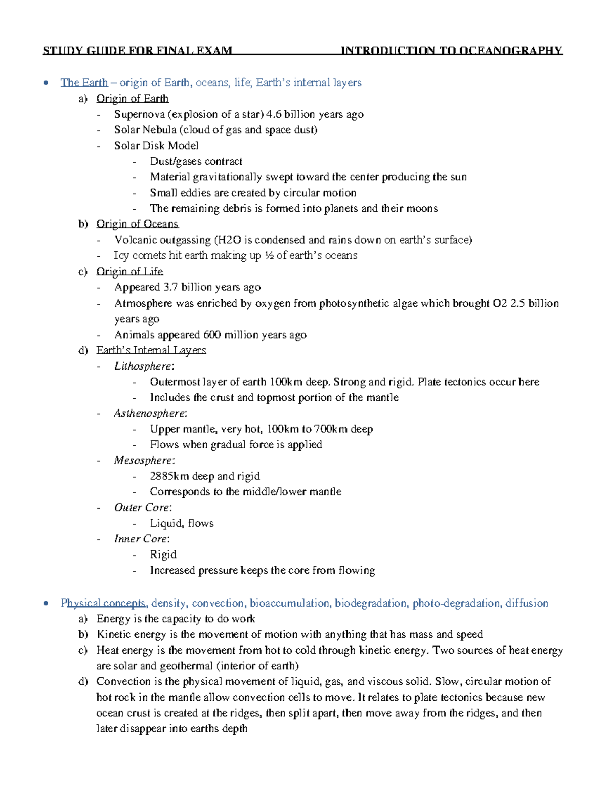 Oceanography 100 Final Exam Notes - STUDY GUIDE FOR FINAL EXAM ...