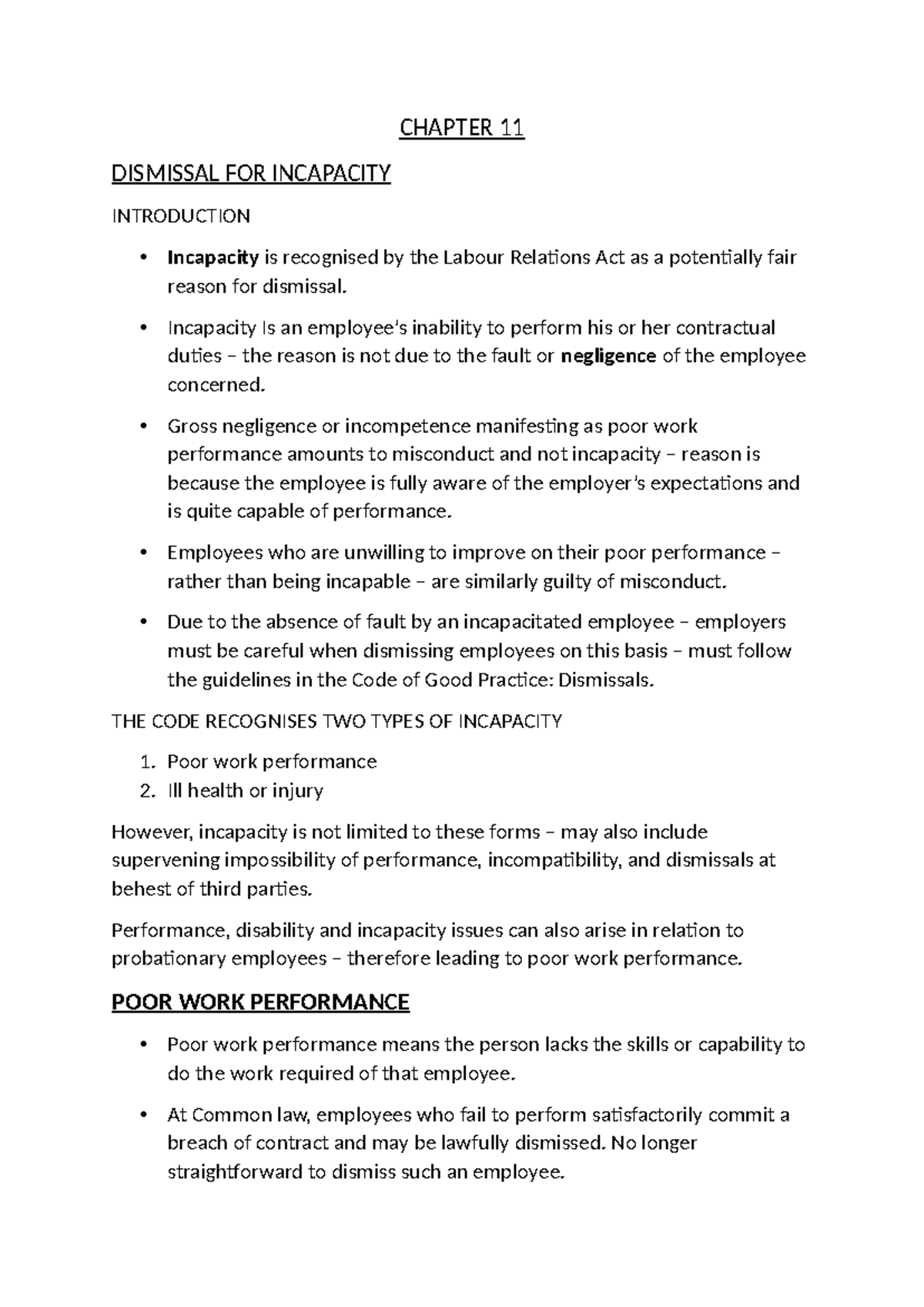 Labour CH 11 - Dismissal for incapacity - CHAPTER 11 DISMISSAL FOR ...
