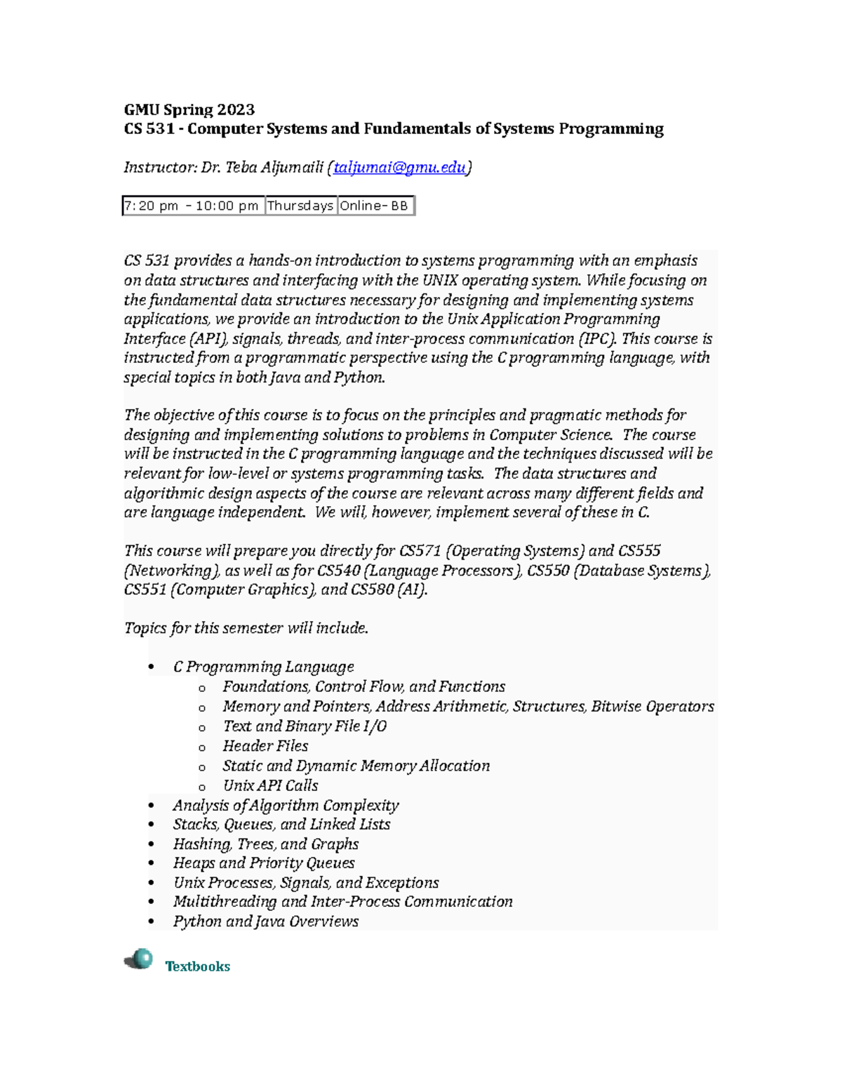CS531 Aljumaili - GMU Spring 2023 CS 531 - Computer Systems and Fundamentals of Systems ...