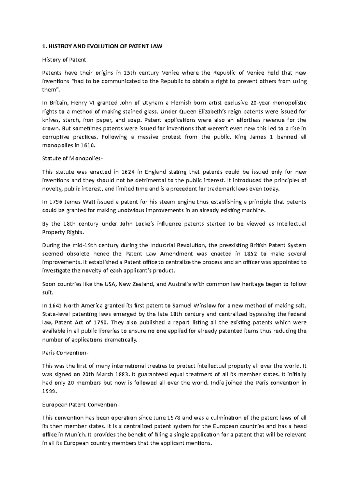 Histroy AND Evolution OF Patent LAW - 1. HISTROY AND EVOLUTION OF ...