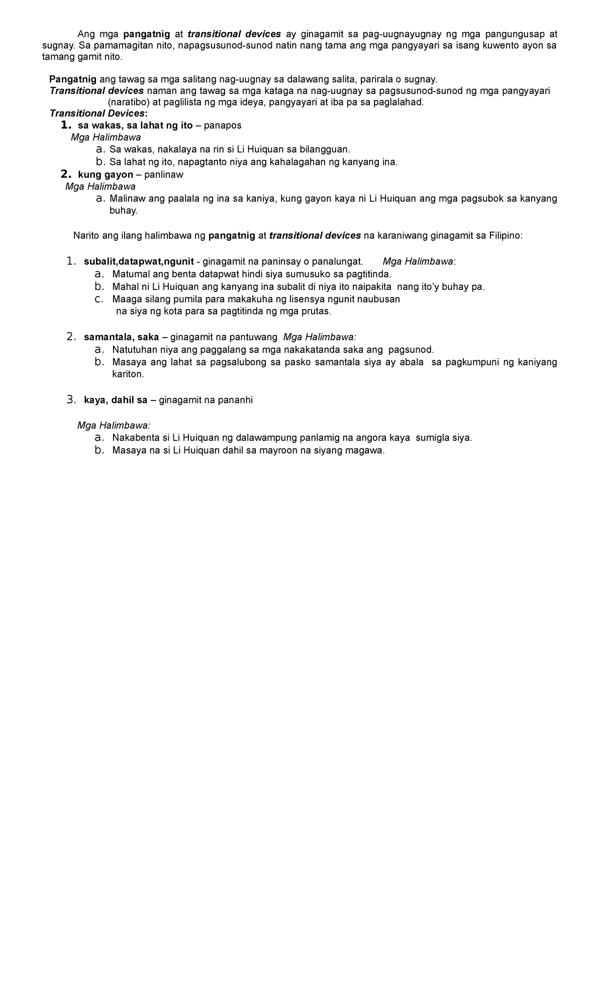 Pangatnig - Filipino - Ang mga pangatnig at transitional devices ay ...