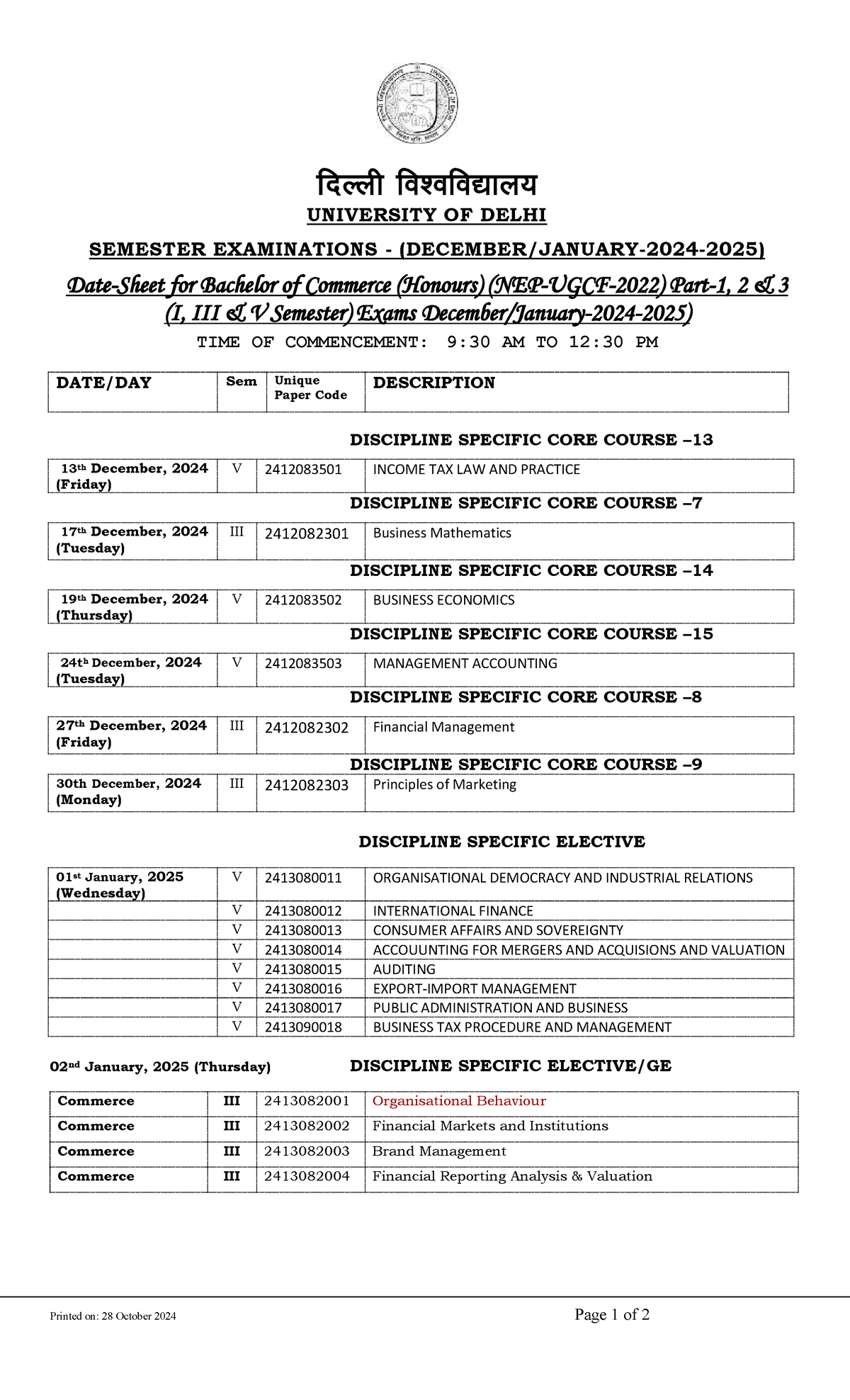 2024-10-29-NEP-BCOM H-24-Sem.V-III-I - Printed on: 28 October 2024 Page 1 of 2 fnYyh fo’ofo|ky ...