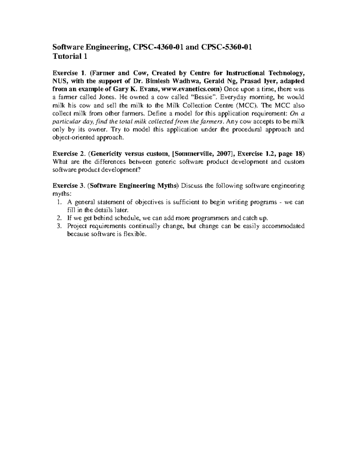 Tutorial 1 - Software Engineering, CPSC-4360-01 and CPSC-5360-01 Tutorial 1 Exercise 1. (Farmer ...