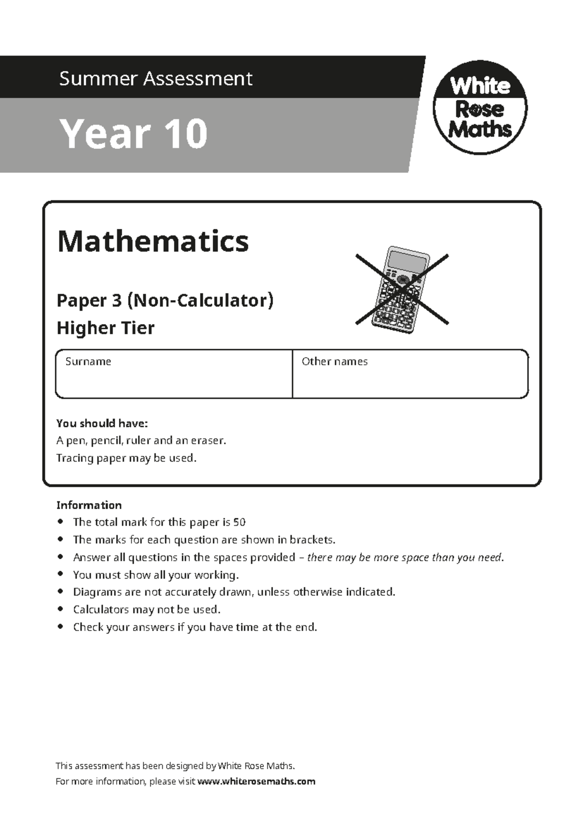 Year 10 Paper 3 Higher Summer 2021 - Mathematics Paper 3 (Non ...