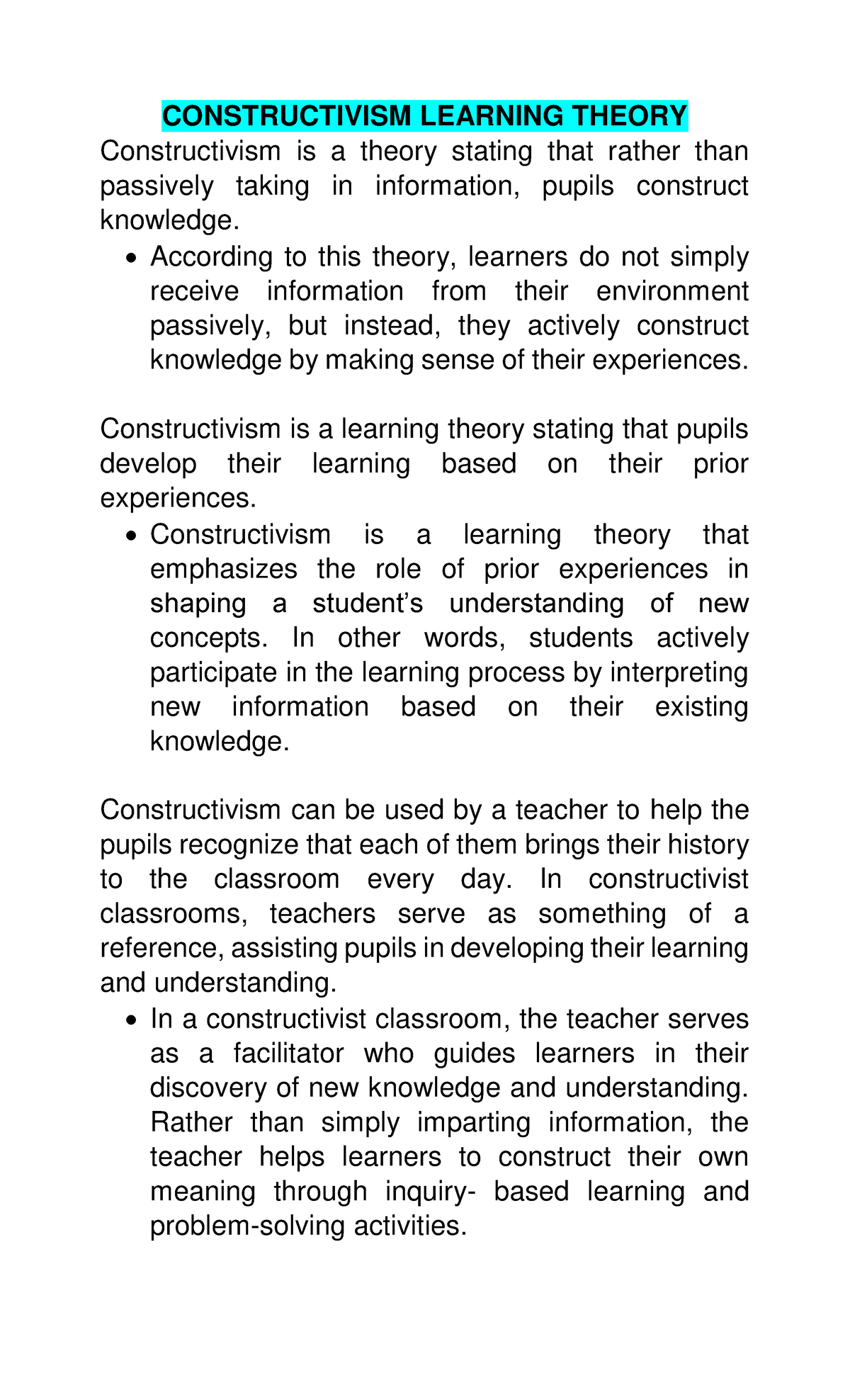 PEH - Report - PEH - CONSTRUCTIVISM LEARNING THEORY Constructivism is a theory stating that ...