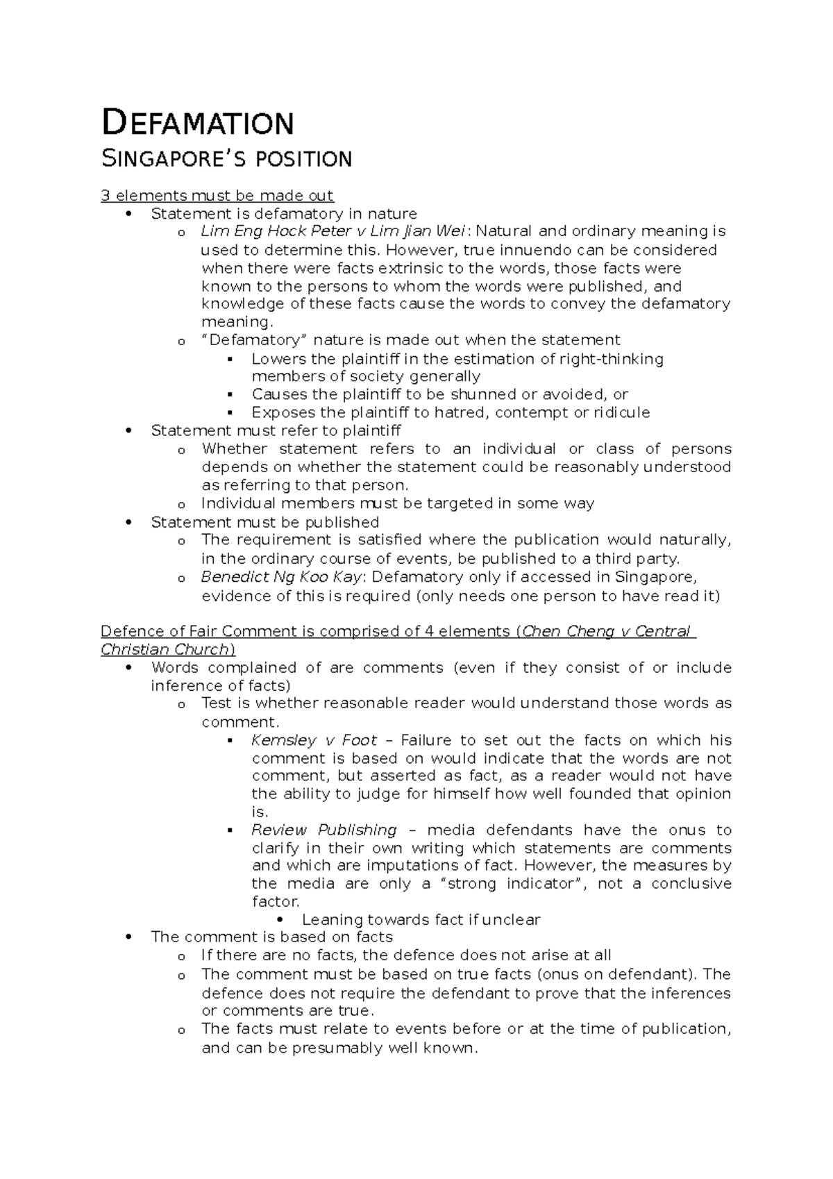 Defamation - Summary of essential readings / class content on this ...