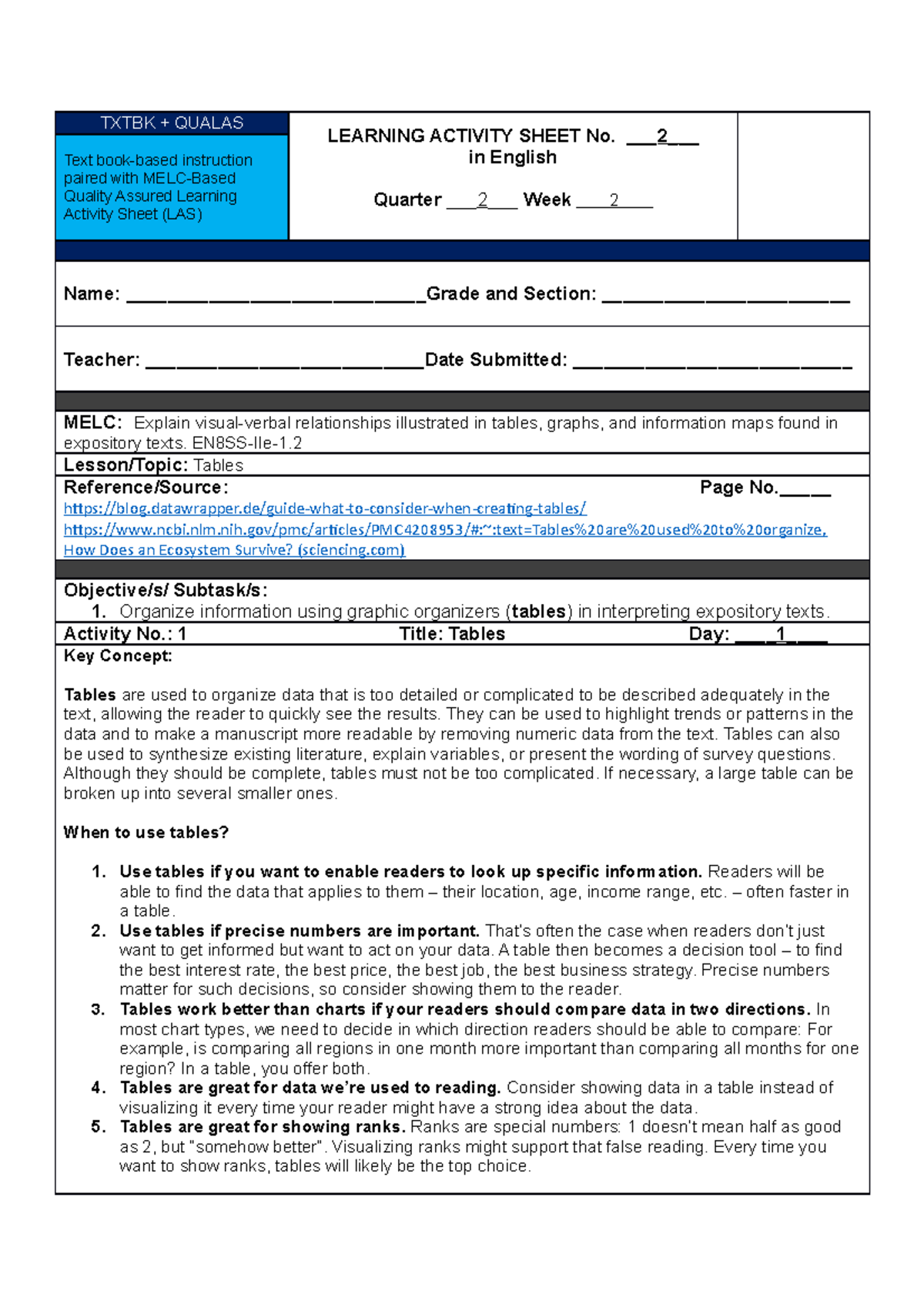 English 8 Learning Activity Sheets Quarter 1 Week 2 - Science - Studocu