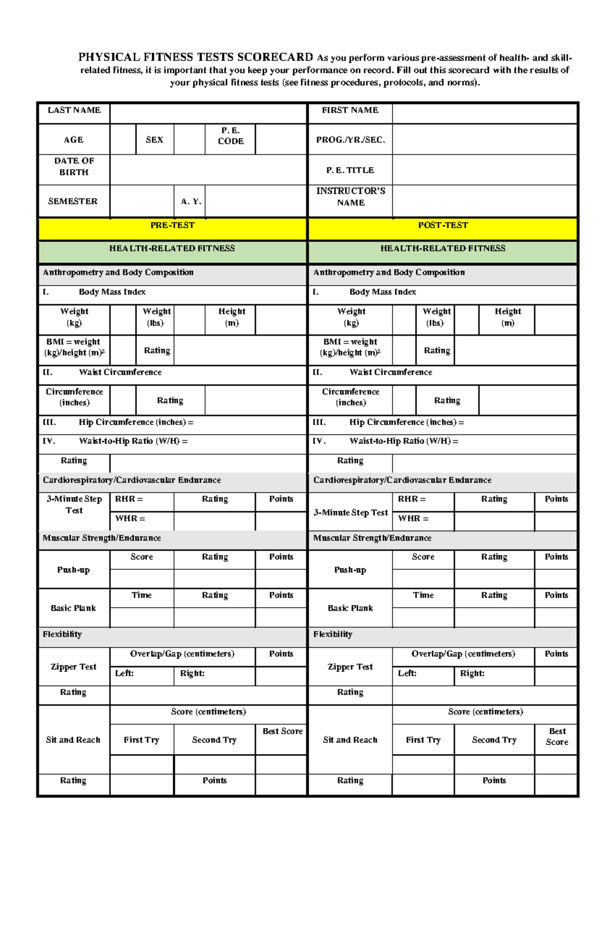 PFT- Pathfit-122 - PHYSICAL FITNESS TESTS SCORECARD As you perform ...
