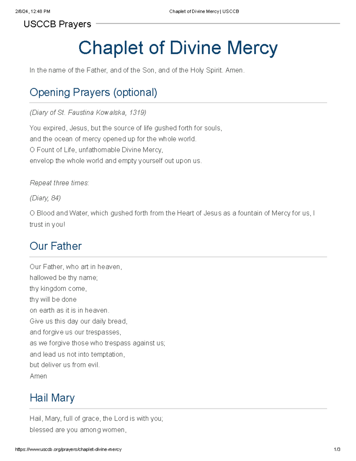 Chaplet of Divine Mercy Usccb - 2/8/24, 12:48 PM Chaplet of Divine Mercy | USCCB - Studocu