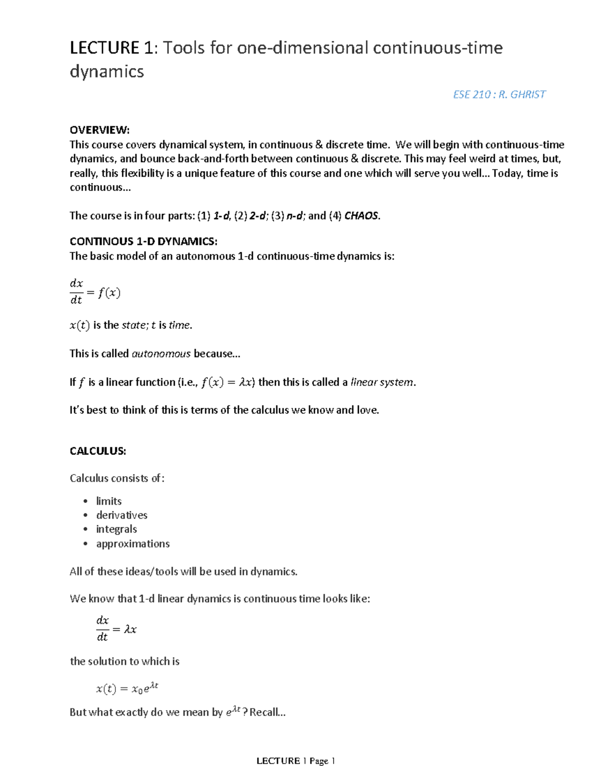 Lecture 1 Tools For One Dimensional Continuous Time Dynamics 1 Overview This Course Covers