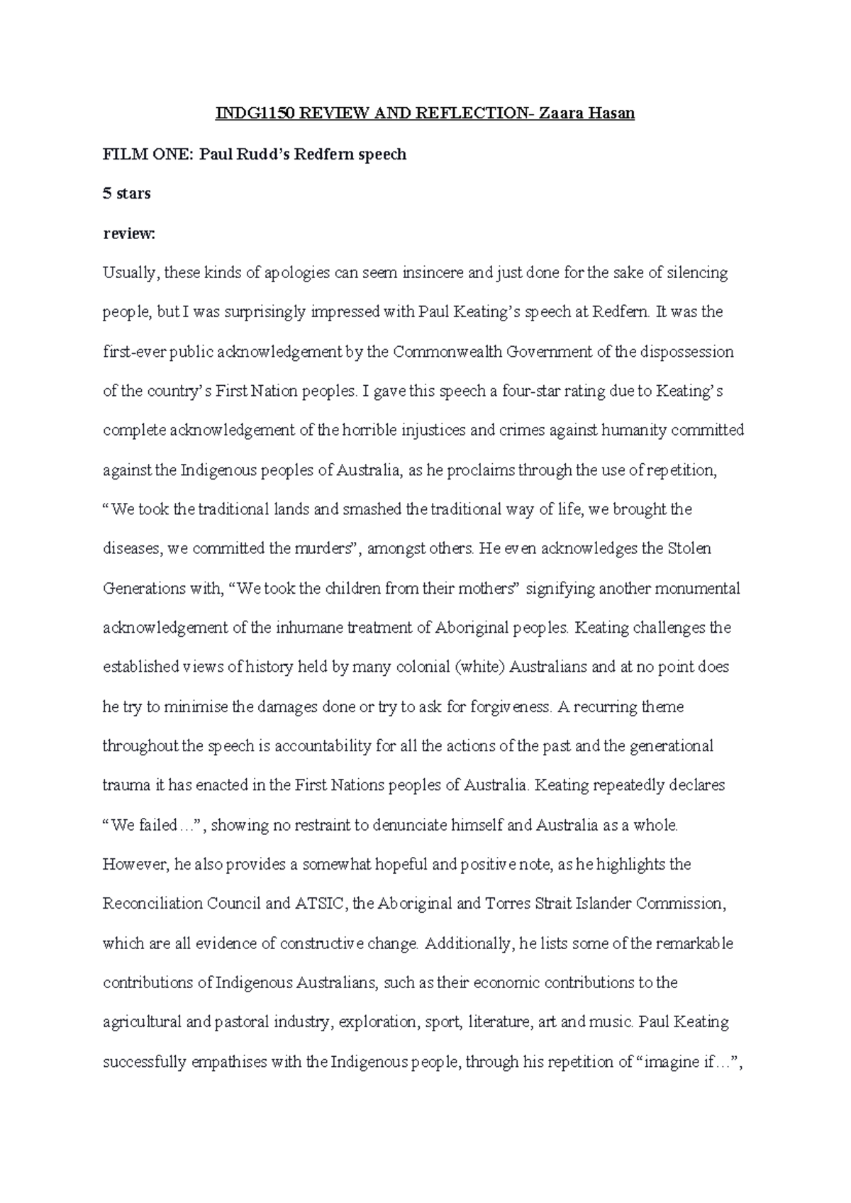 INDG1150 Review AND Reflection- Zaara Hasan - INDG1150 REVIEW AND ...