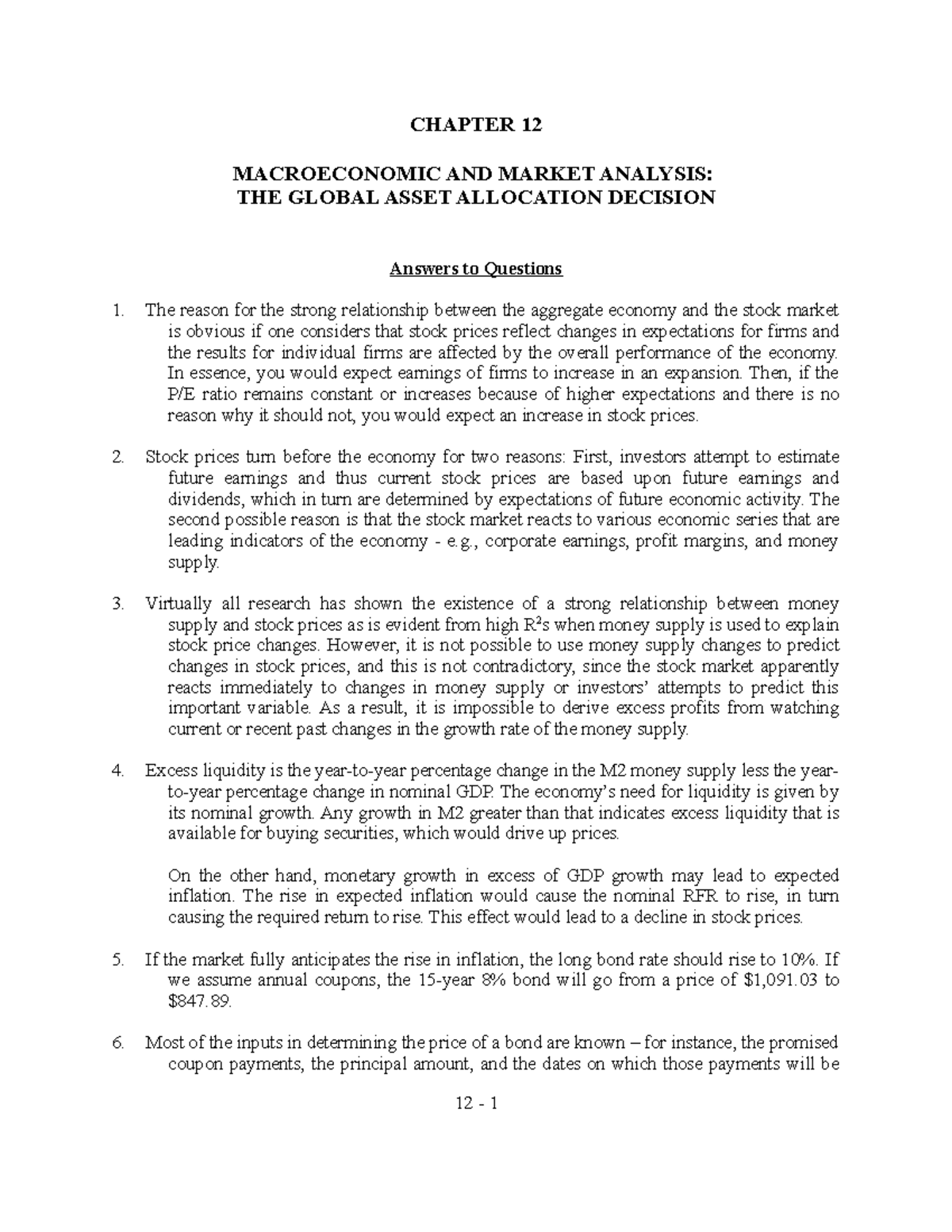 Sm12 - SOLUTION MANUAL - CHAPTER 12 MACROECONOMIC AND MARKET ANALYSIS: THE GLOBAL ASSET ...