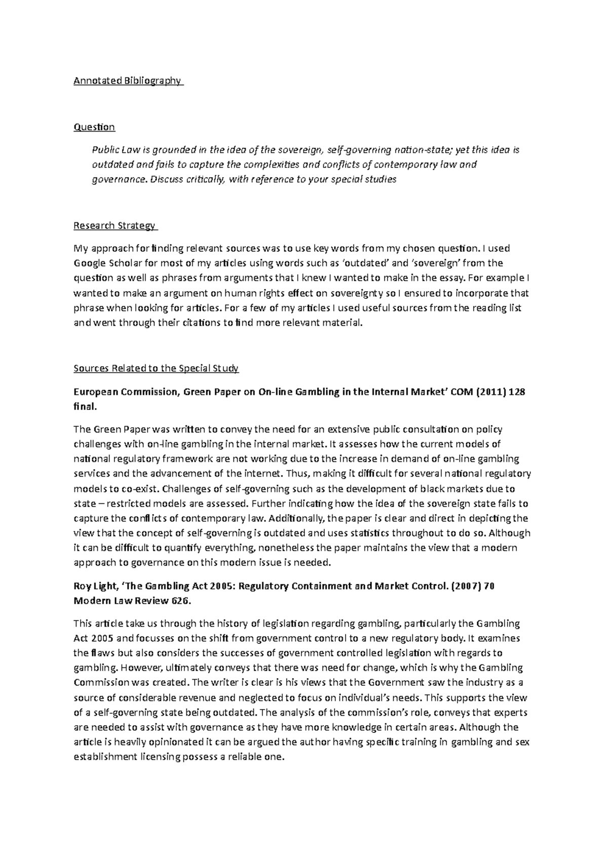 Annotated Bibliography - Annotated Bibliography Question Public Law is ...