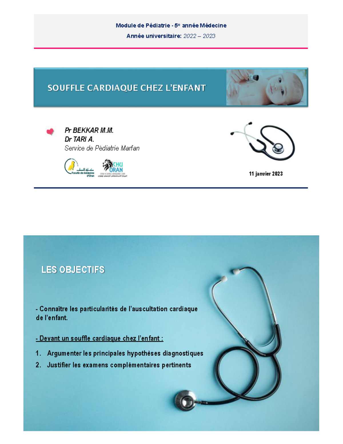 Souffle Cardiaque CHEZ L’ Enfant - Pr BEKKAR M. Dr TARI A. Service de ...