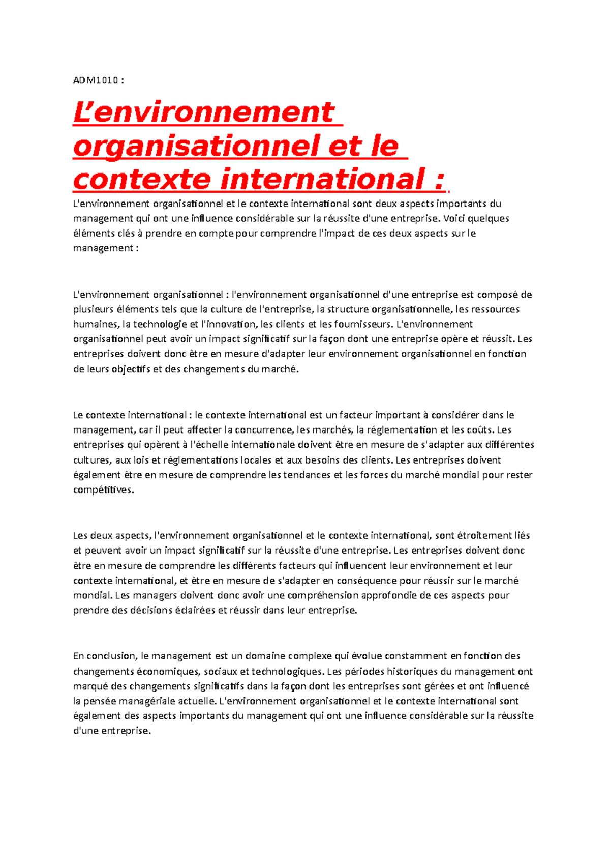 Adm - MANAGEMENT - ADM1010 : L’environnement organisationnel et le ...