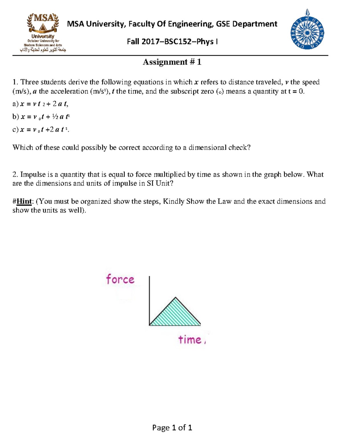 Assignment 1 fall 2017 - MSA University, Faculty Of Engineering, GSE Department Fall - Studocu