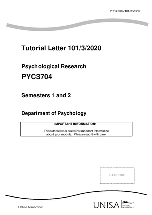 Tutorial Letter 101 2020 3 b - PYC 3703 /101/3/ Tutorial Letter 101/3/ Cognition: Memory ...