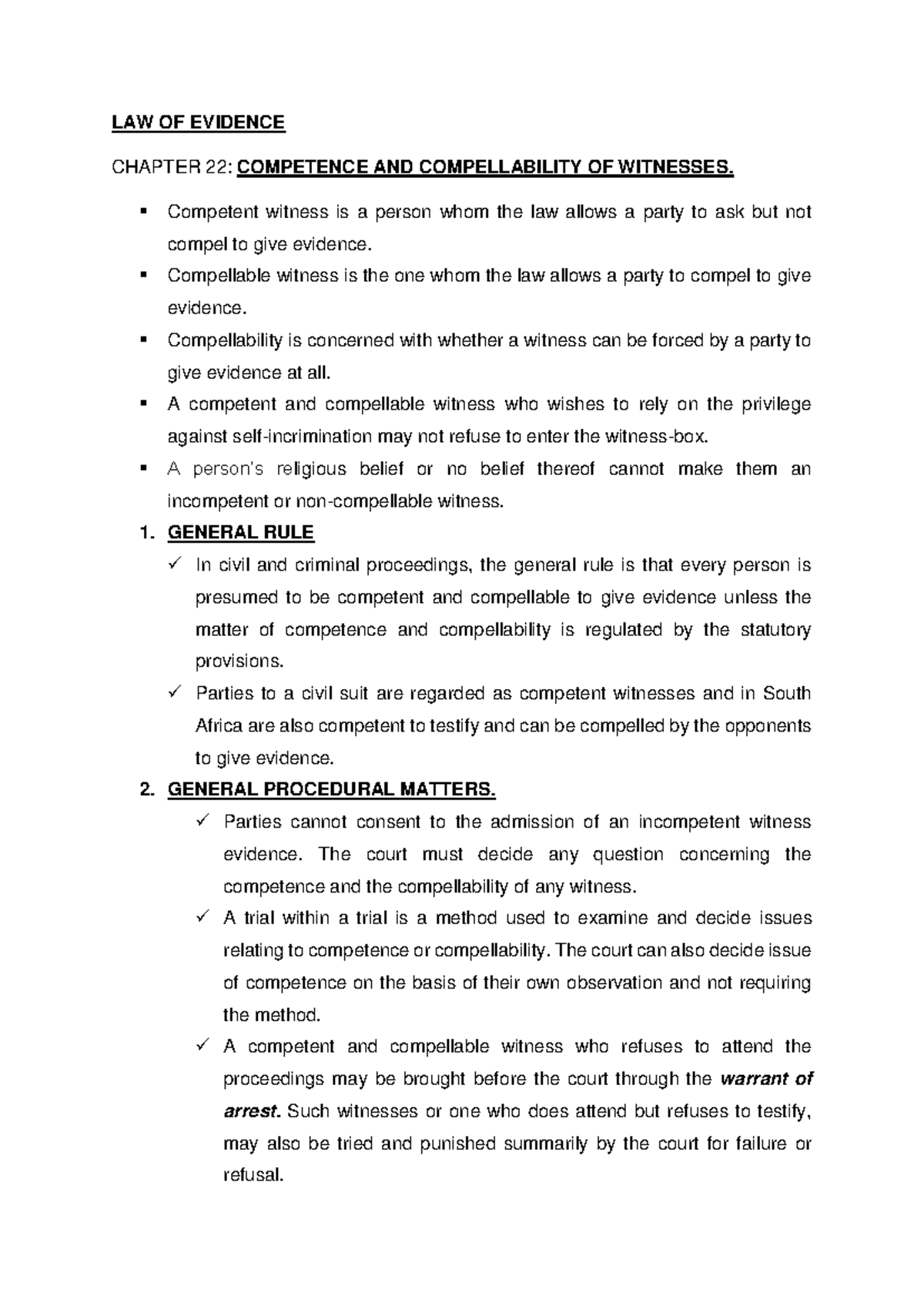 Law of Evidence C22 - LAW OF EVIDENCE CHAPTER 22: COMPETENCE AND ...