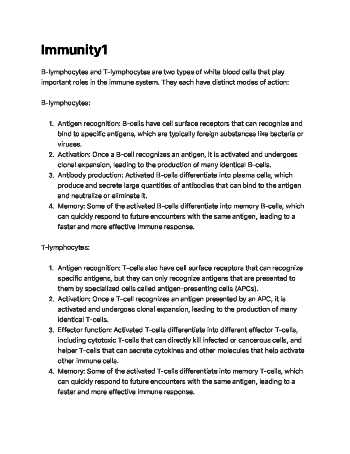 Immunity 1 - Notes - I m m u n i t y 1 B-lymphocytes and T-lymphocytes ...