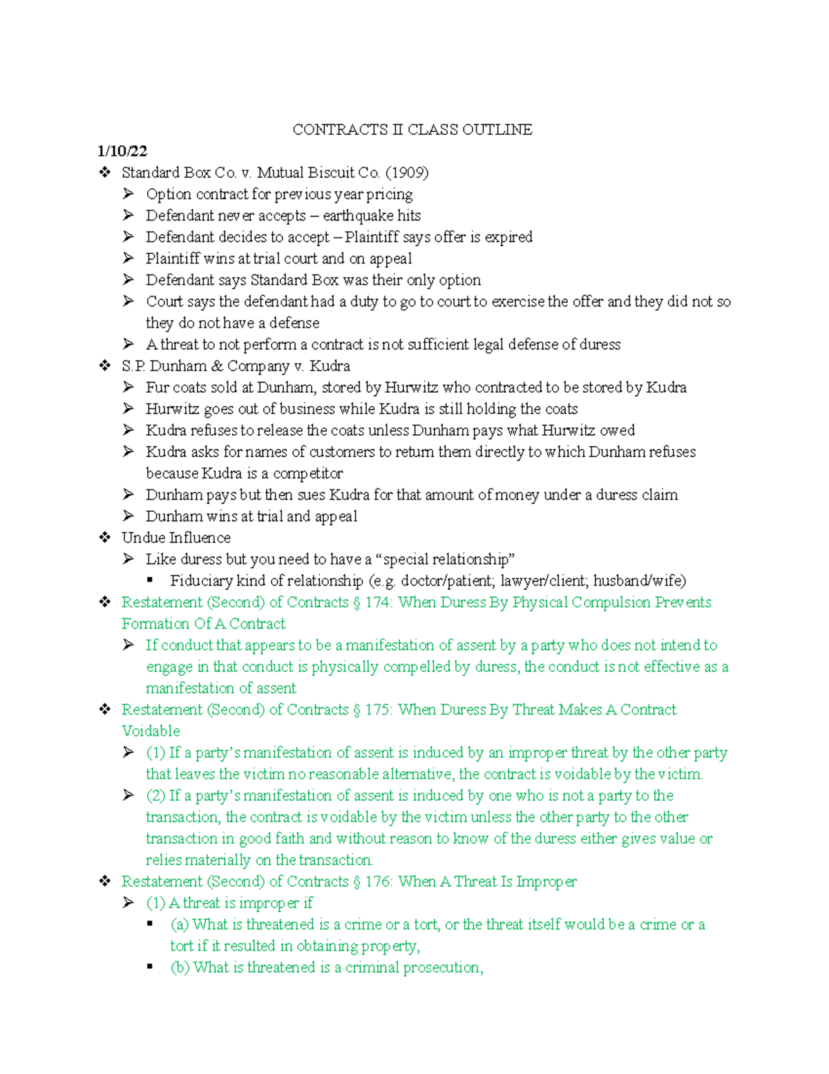Contracts II Cases Outline - CONTRACTS II CLASS OUTLINE 1/10/ Standard Box Co. v. Mutual Biscuit ...