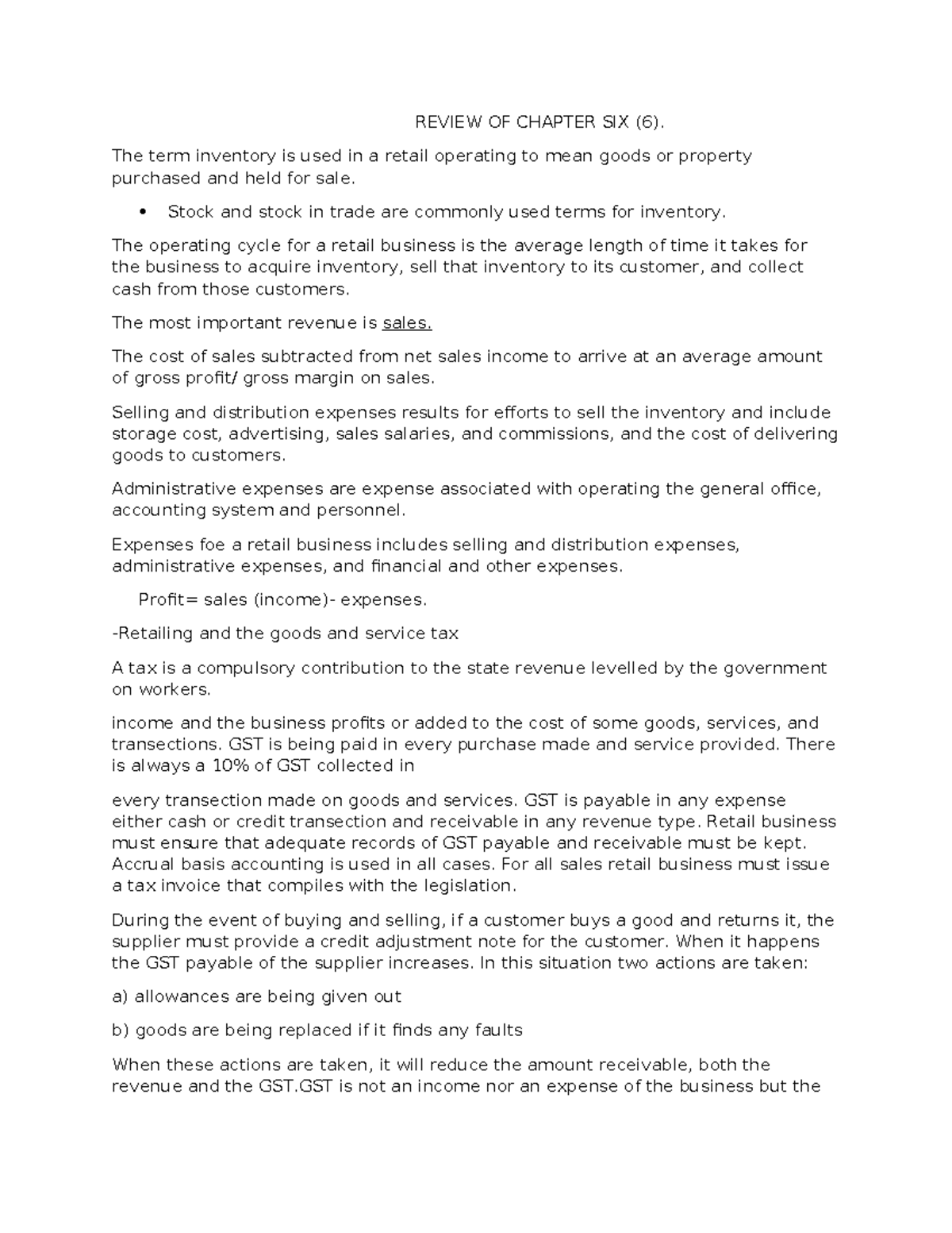 Review OF Chapter SIX 2 - REVIEW OF CHAPTER SIX (6). The term inventory ...