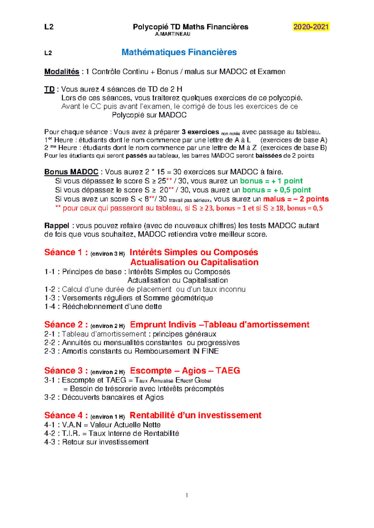 L2 Maths Financières Polycopié TD 2020-2021 - A L2 Mathématiques Financières Modalités : 1 ...