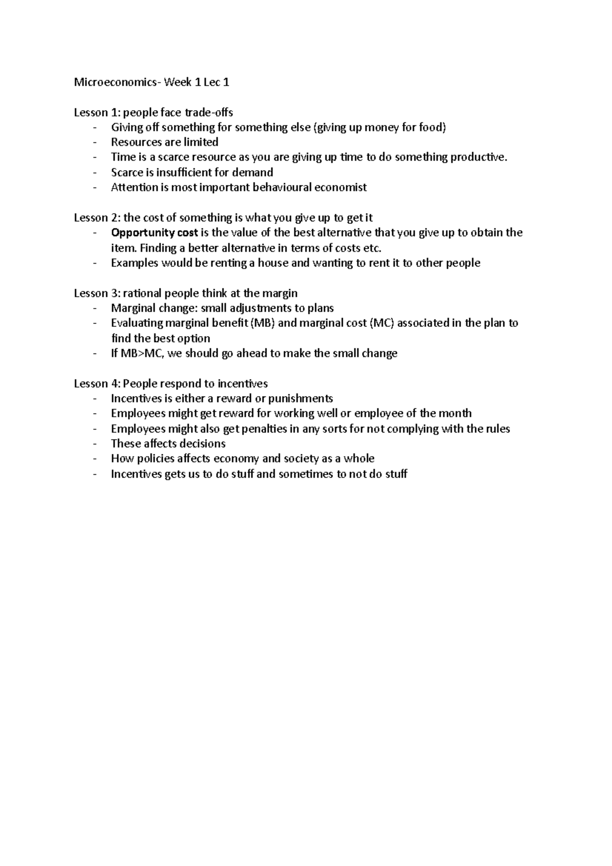Microeconomics - Lecture notes Micro Economics - Microeconomics- Week 1 ...