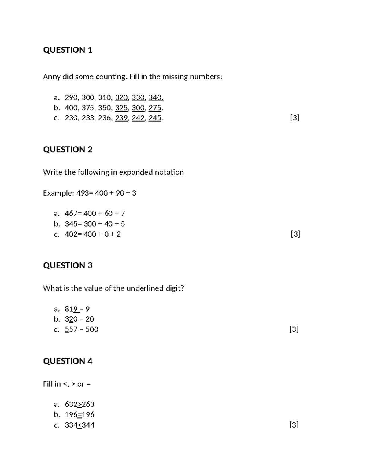Memo assignmmet - more - QUESTION 1 Anny did some counting. Fill in the missing numbers: a. 290 ...