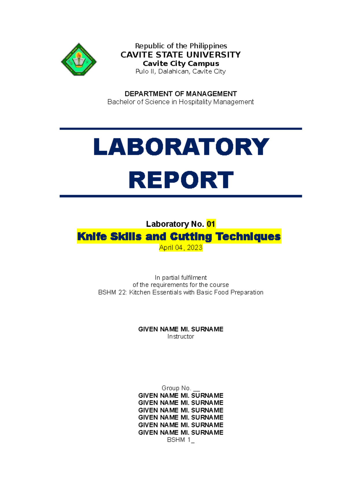 Laboratory-Report-Template - Republic of the Philippines CAVITE STATE ...
