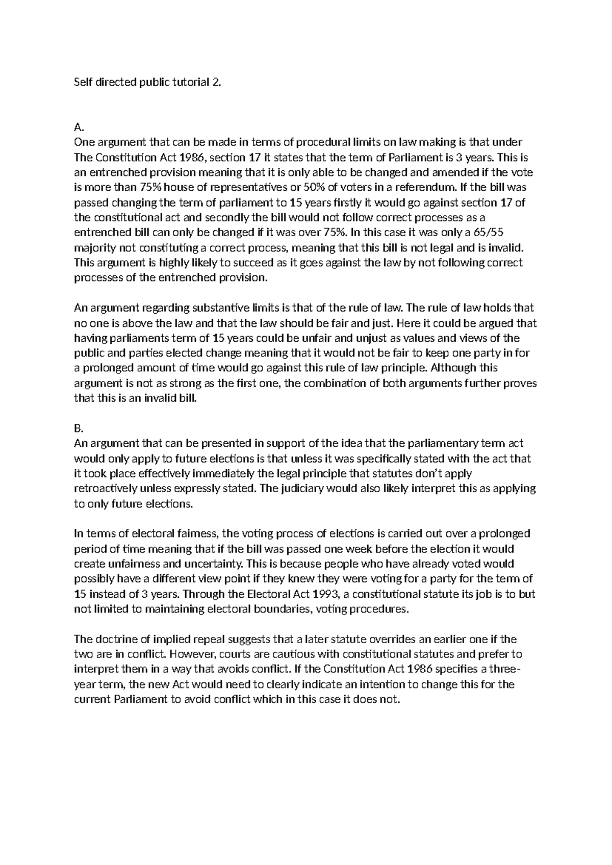 Self directed public tutorial 2 - A. One argument that can be made in ...