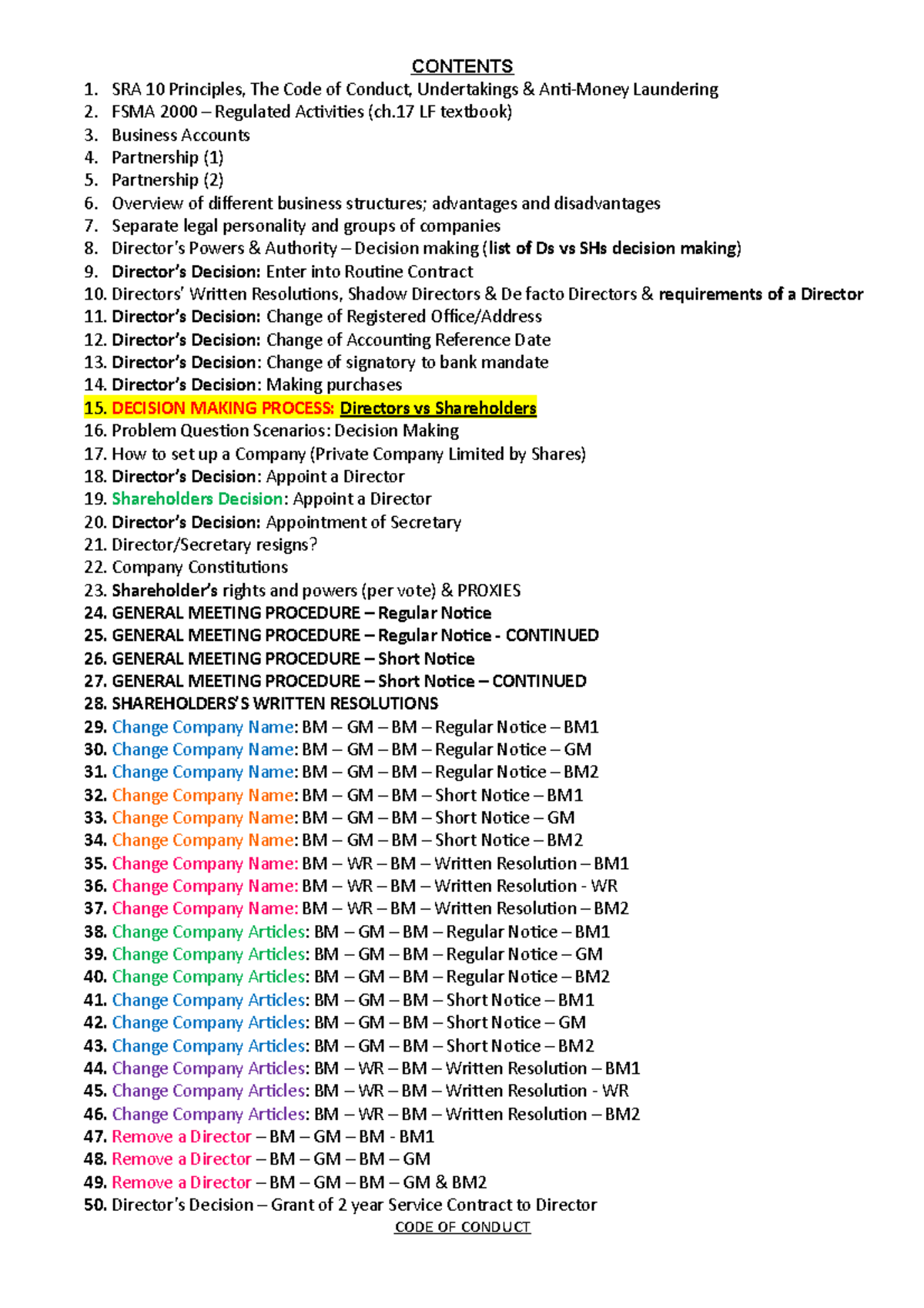 Revision Notes - BLP Exam - Notes 1 - CONTENTS 1. SRA 10 Principles ...