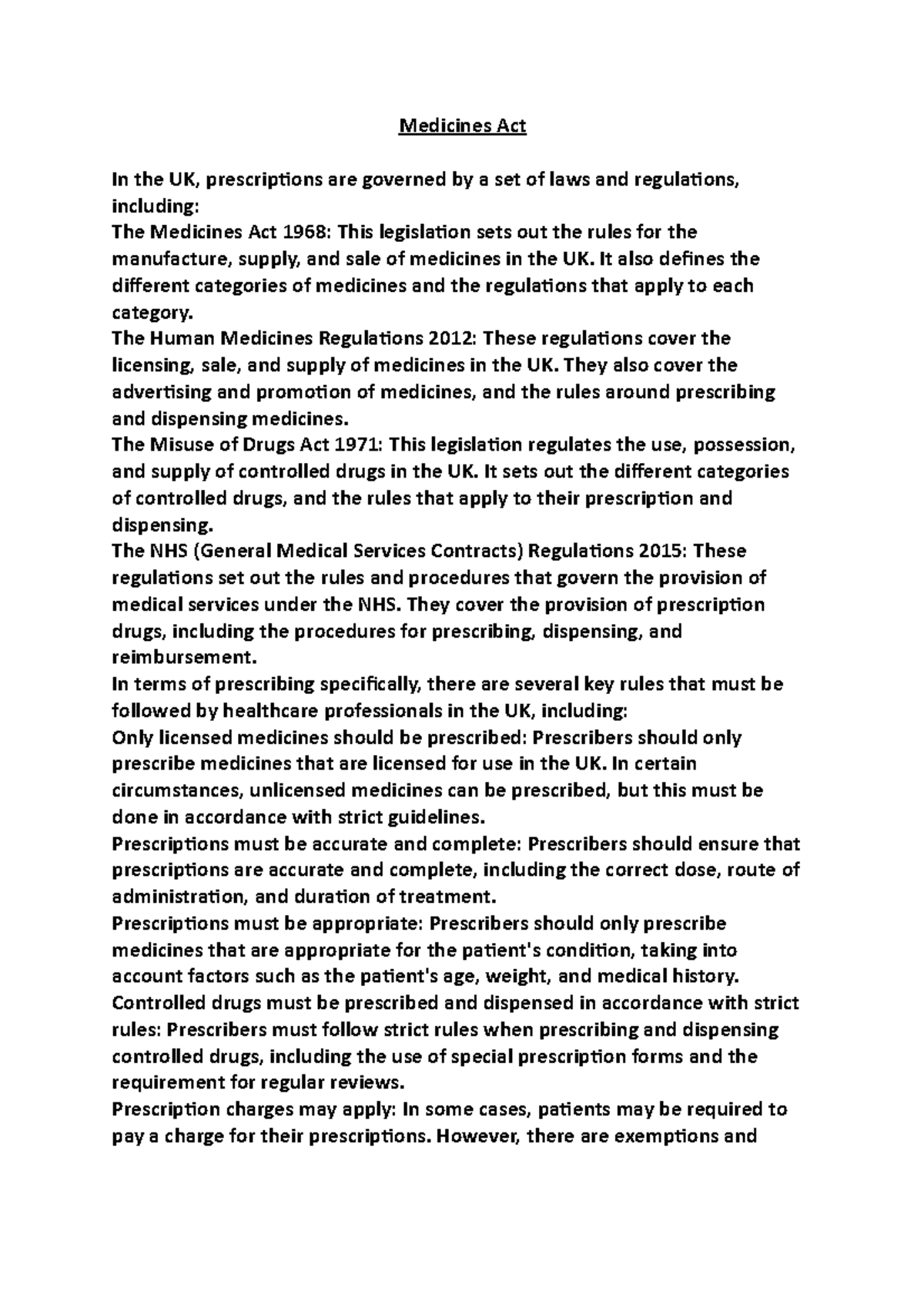 Medicines Act - n/a - Medicines Act In the UK, prescriptions are ...