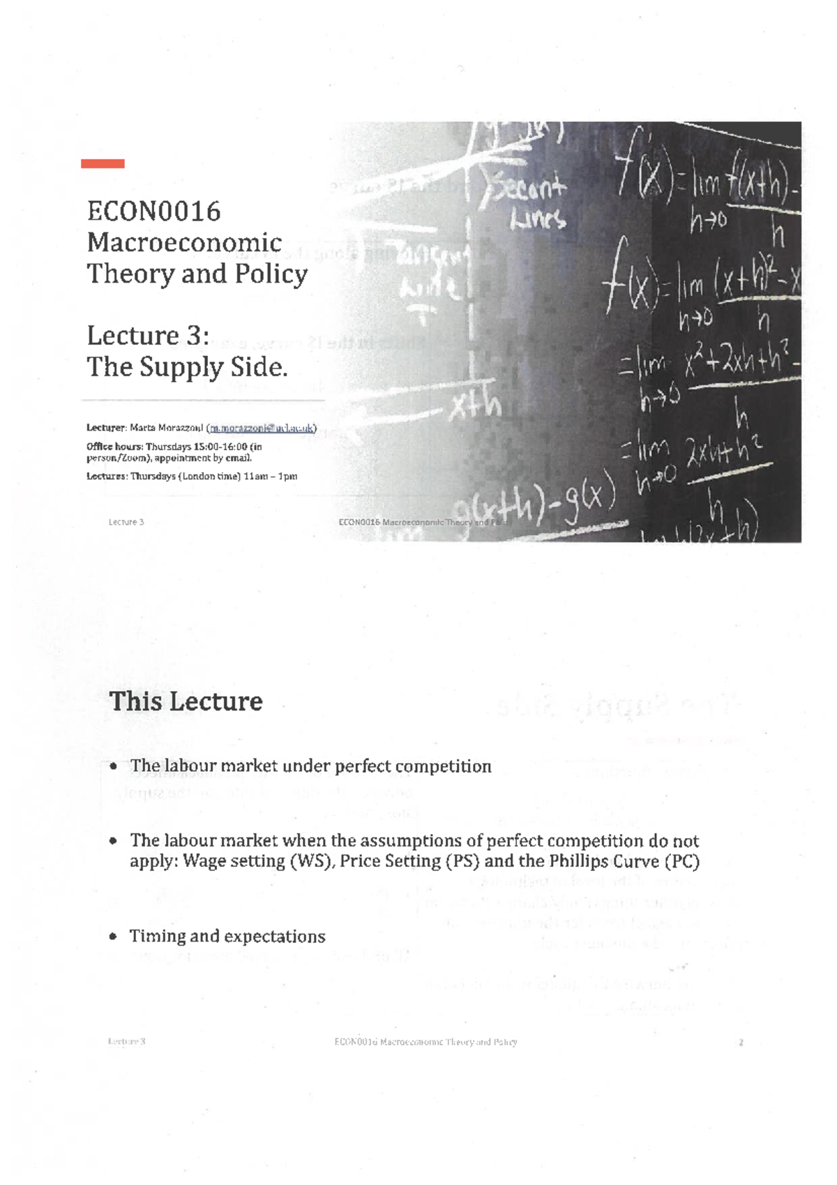 Week 3 - Price Setting, Wage Setting and Phillips Curve - Secont ECON0016 Lines Macroeconomic n ...