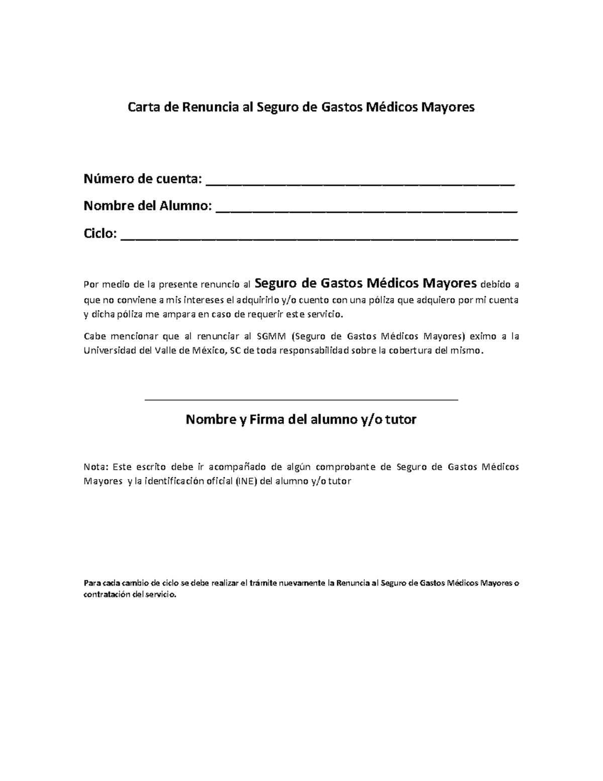 Anexo 2. Carta de Renuncia al Seguro de Gastos Médicos Mayores - Carta ...