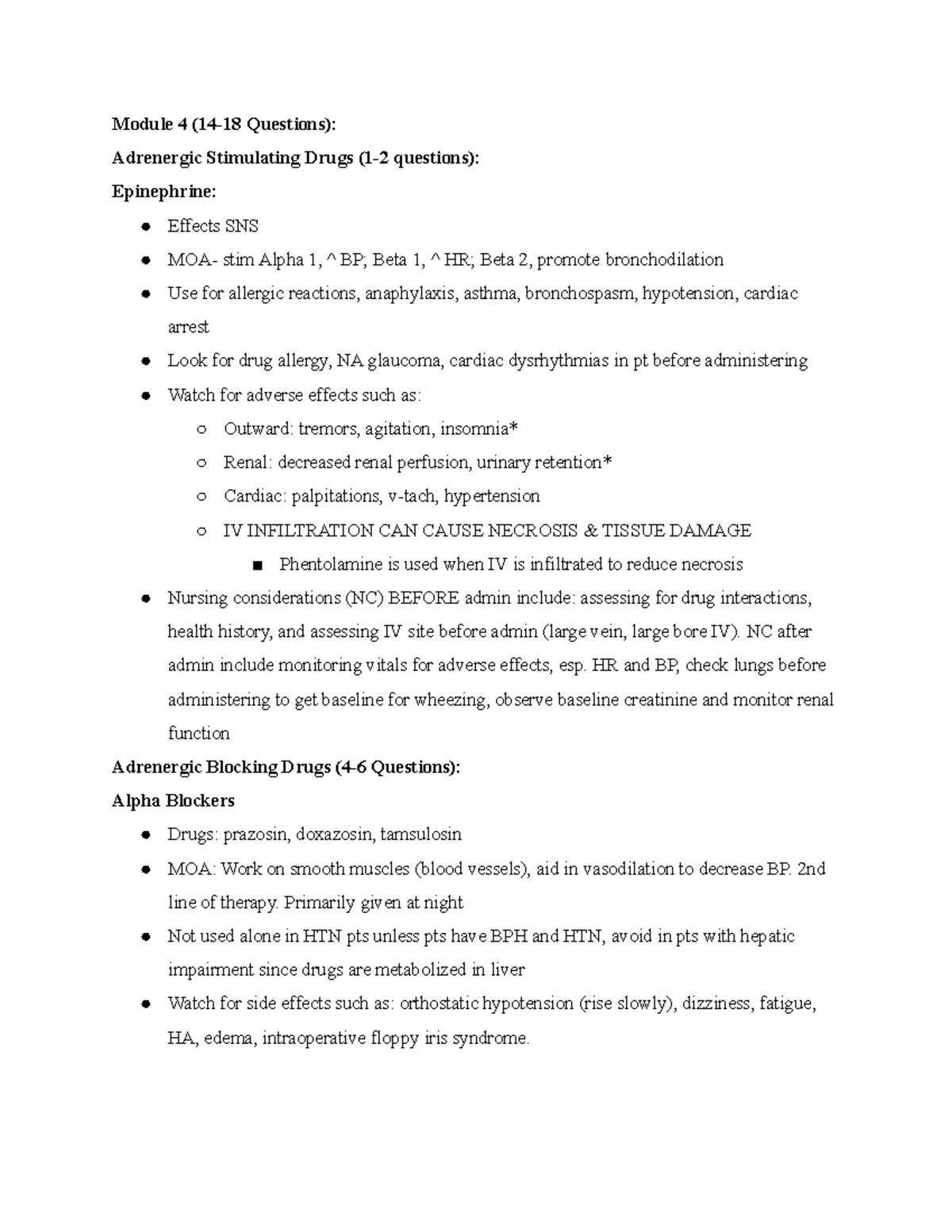 Pharm Exam 2 BP Outline - Module 4 (14-18 Questions): Adrenergic ...