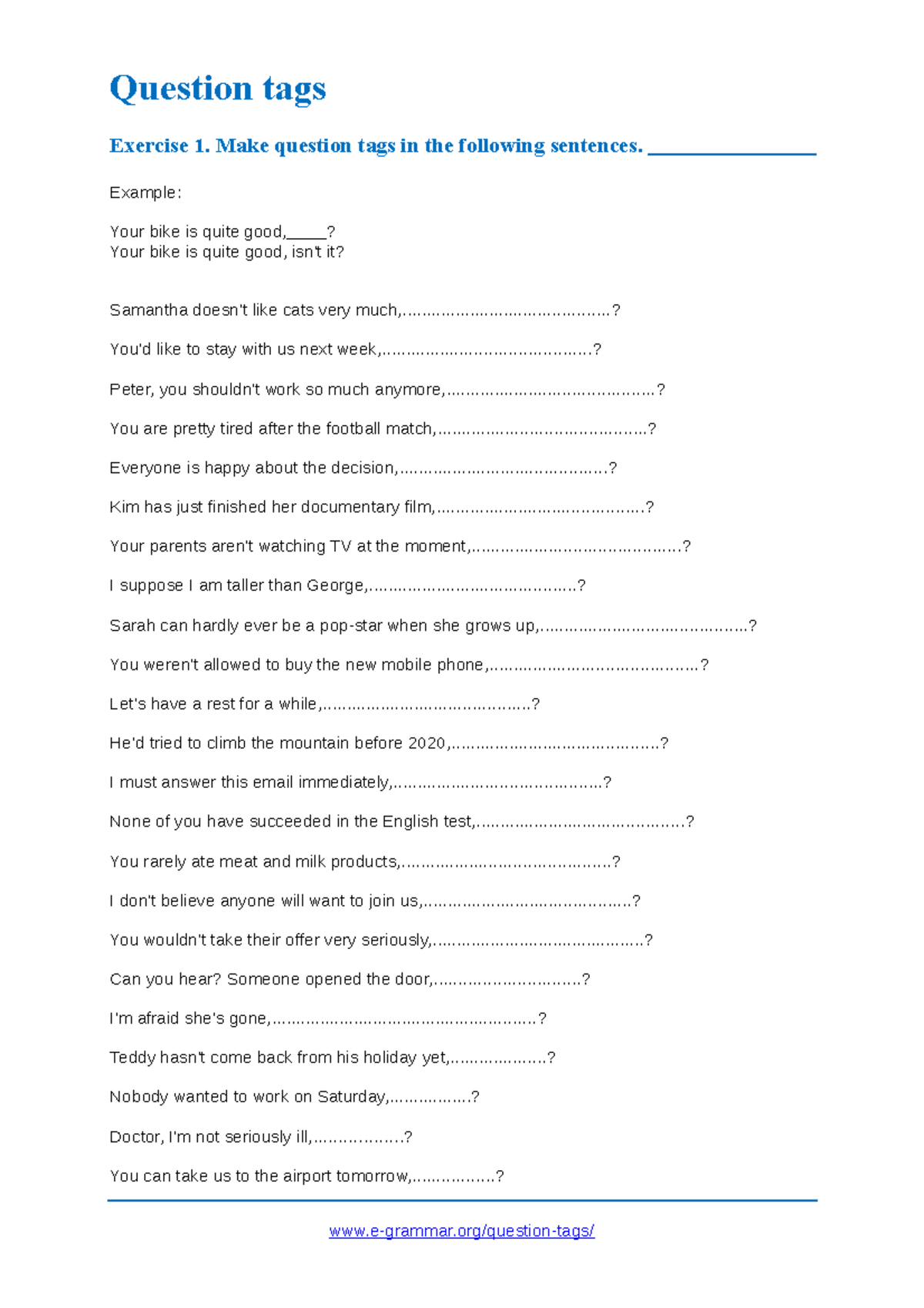 Question tags exercise 1 - e-grammar/question-tags/ Question tags ...