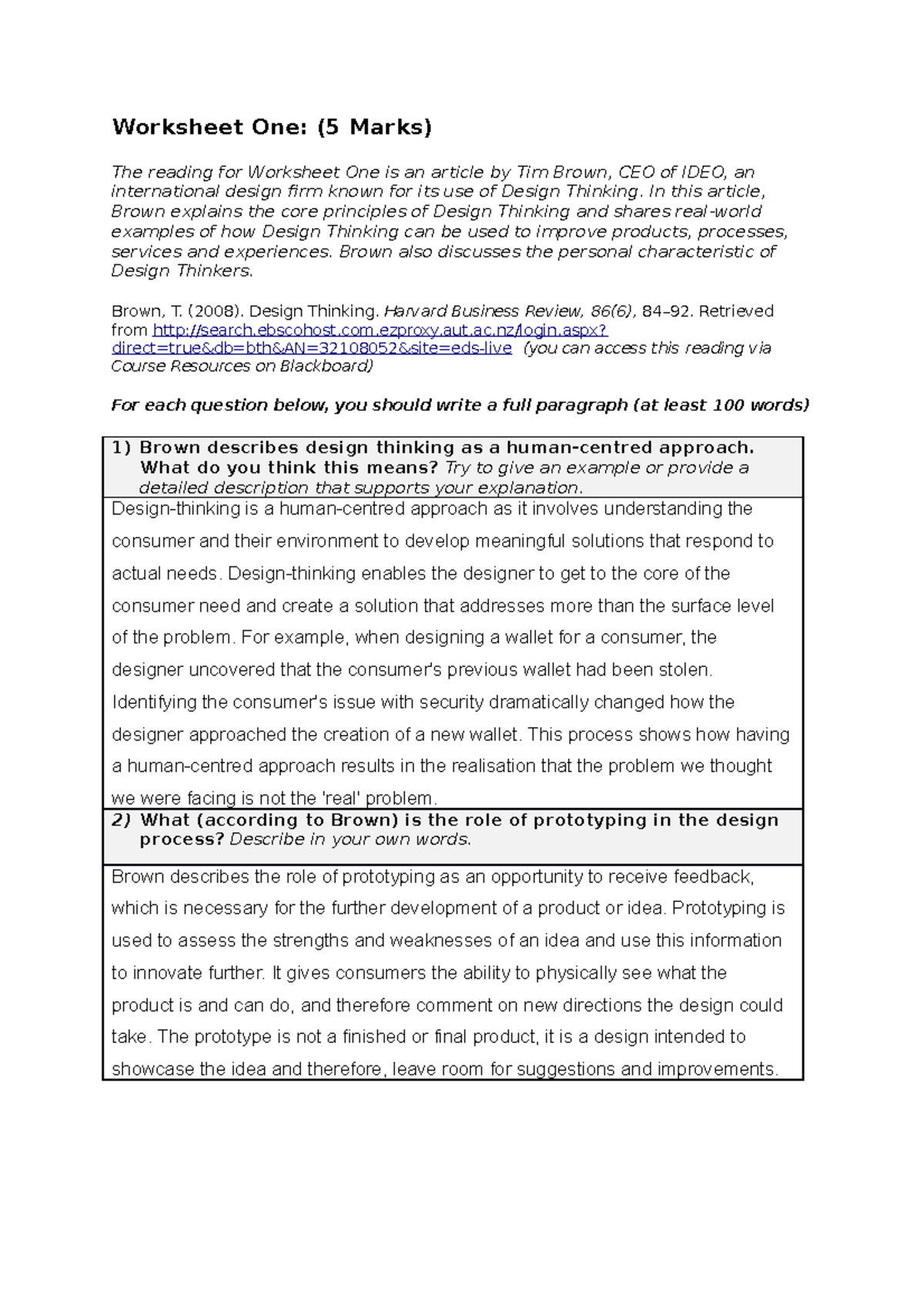 Worksheet 1: Design Thinking - Worksheet One: (5 Marks) The reading for ...