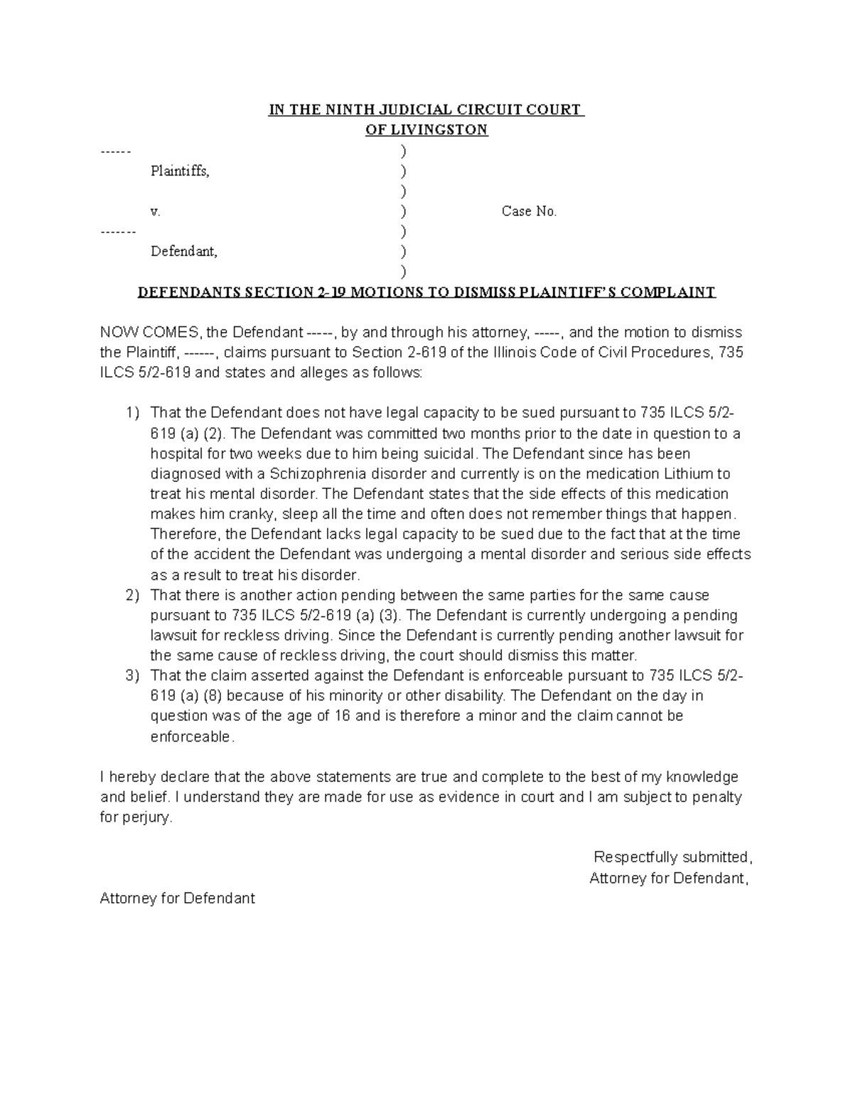 Motion to dismiss example - IN THE NINTH JUDICIAL CIRCUIT COURT OF LIVINGSTON - ) Plaintiffs ...